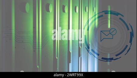 Image of message block icon over round scanner against computer server ...