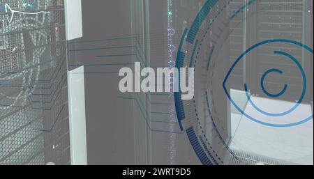 Image of eye retina scanner and microprocessor connections against computer server room Stock ...