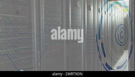 Image of eye retina round scanner and microprocessor connections against computer server room ...