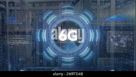 Image of 6g text and scanner processing data on charts and graphs over ...