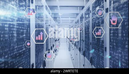 Image of multiple icons and lens flares over bars on data server ...