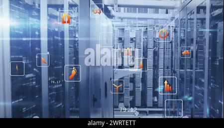 Image of multiple icons with lens flares over bars on data server racks ...