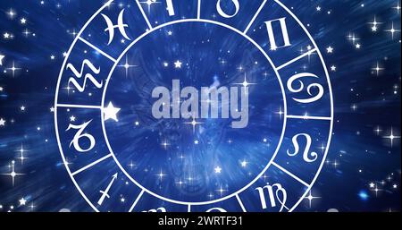Composition of taurus star sign and zodiac wheel over stars Stock Photo ...