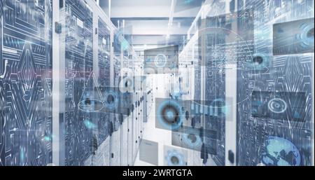 Image of scope scanning and mathematical equations over server room Stock Photo - Alamy