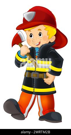 cartoon happy and funny fireman with extinguisher putting out the fire ...