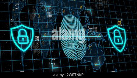 Image of biometric fingerprint, markers and data processing over world ...
