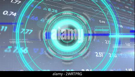 Image of numbers, processing circle with glitch and financial data on ...