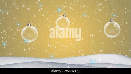 Image of christmas bubbles and snow falling on yellow background Stock ...