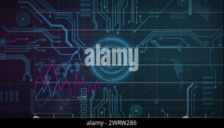 Image of circuit board pattern, infographic interface and lens flare over server room Stock ...