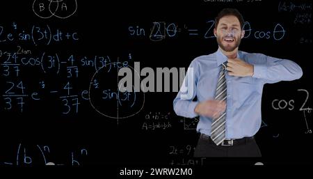 Image of caucasian businessman over mathematical equations on black ...