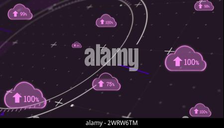 Image of pink clouds with arrows and percent, scopes scanning and data ...