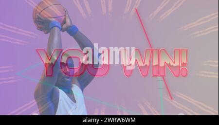 Image of african american basketball player bouncing basketball on neon ...