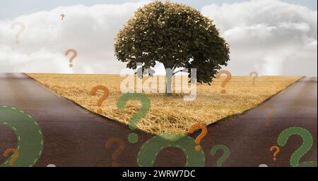 Image of question marks over landscape with road Stock Photo - Alamy