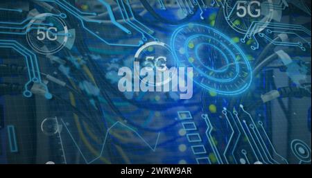 Image of data processing and 5g text over cables of computer server ...