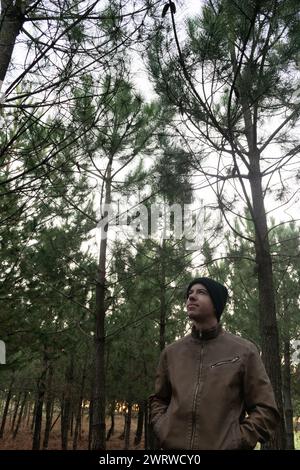 Alone man in wild forest Stock Photo - Alamy