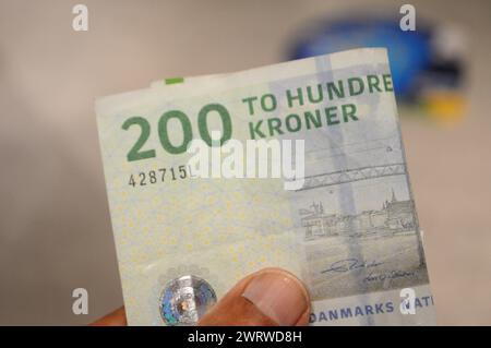 Copenhagen, Denmark /14 marach 2024/. Danish kroner currency notes in ...