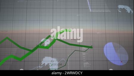 Image of graph and grid pattern over map with numbers against black ...