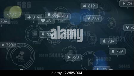Speech bubbles with increasing numbers and digital icons against spot ...