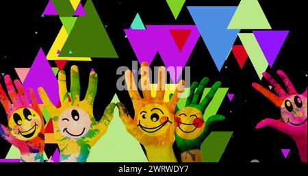 Background with multicolored triangles on a black background. 3D ...