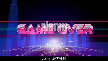 Image of game over text over icons and digital city on black background ...