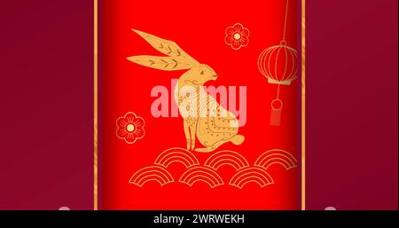 Image of chinese pattern and rabbit year decoration on red background ...