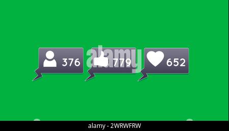 Image of Follow, like and heart button increasing in numbers with green ...