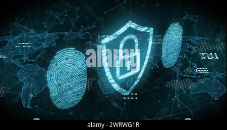 Image of online security padlock, biometric fingerprints, data processing over world map Stock ...