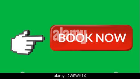 Digital image of a red book now button with a hand icon below pointing ...