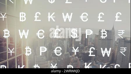 Image of currency symbols over city Stock Photo - Alamy