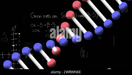 Image of mathematical formulae and DNA strain floating on black ...
