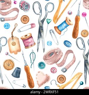 Seamless pattern with scissors, spools of threads, pins, tape measure ...