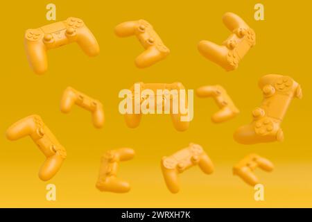 Set of flying gamer joysticks or gamepads on monochrome background. 3d ...