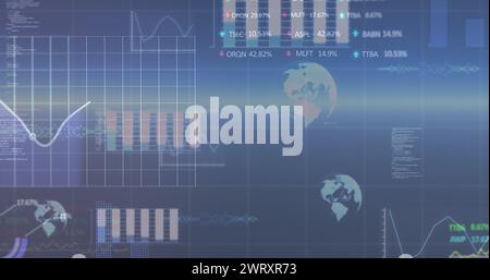 Image of globes, graphs and charts processing data on blue sky and ...