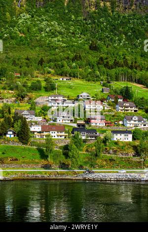 Mountains and Fiord over Norwegian Village, Olden, Innvikfjorden ...