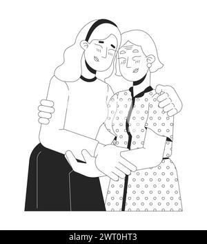 Caucasian elderly mother daughter hugging 2D linear cartoon characters ...