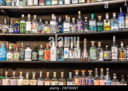 Wall of Gin, dozens of gin bottles displayed in a gin bar in Barossa ...