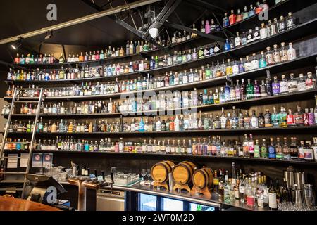 Wall of Gin, dozens of gin bottles displayed in a gin bar in Barossa ...