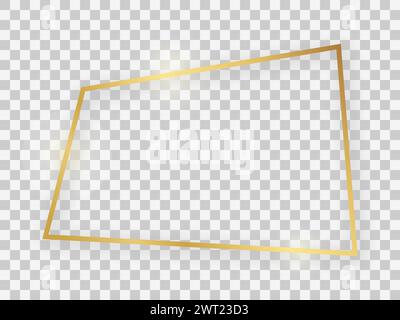 Gold shiny rectangular frame with glowing effects and shadows on transparent background. Vector ...