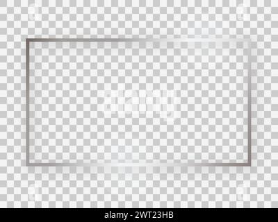 Silver shiny rectangular frame with glowing effects and shadows on transparent background ...