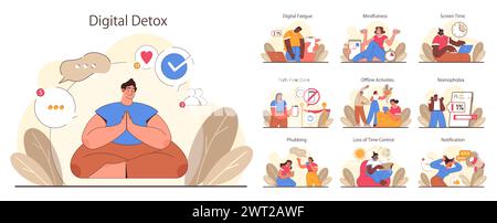 Digital detox set. Characters practicing mindfulness, reducing screen ...