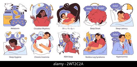 Insomnia set. Diverse characters suffering from sleep deprivation ...