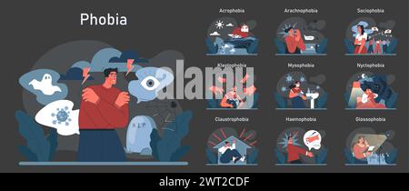 Phobia set. Human's irrational inner fears and panic. Mental disorder ...