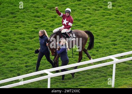 Sam Ewing aboard Stellar Story after winning the Albert Bartlett ...