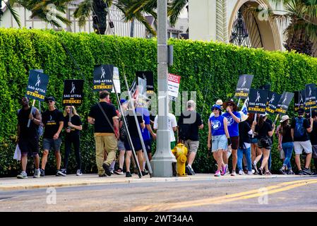 A wide-angle of the picket line during the writers and actors strike in ...