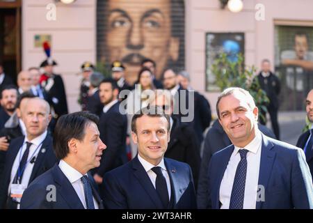 French President Emmanuel Macron arrives for the EU summit in Brussels ...