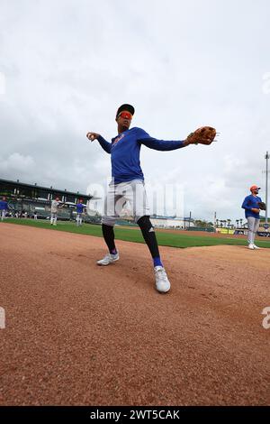 New York Mets Grapefruit League hat on a fielding glove during an MLB ...