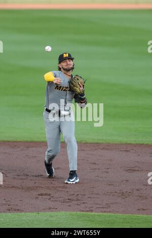 March 15, 2024: Missouri infielder jackson Lovich #18 moves under a ...