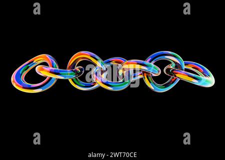 3d illustration of colorful chains. Set of chains on a black background ...