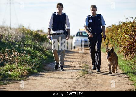 Policeman, dog and car in field to search at crime scene or robbery for ...