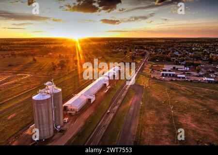Aerial of Silo's and sheds for wheat harvest at Wallumbilla on the ...